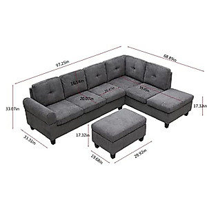 EMKK Modern Sectional Sofa Set Left Right Chaise Lounge & Storage Ottoman Upholstered Corner L Shaped Sofá Living Room Couch w/Cup Holder, Arm Nail for Home/Office, Grey Leftchaise
