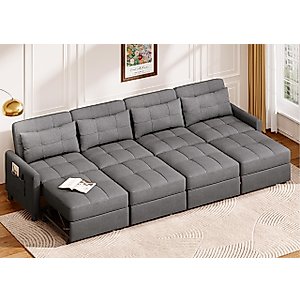 Aiho Pull Out Couch - 4-Seater Sectional Sleeper Sofa, Convertible with Adjustable Backrest & Spring Support for Living Room, Dark Grey