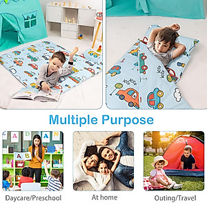 FAINSY Nap Mat for Preschool, 50x20 inch (Ages 3-5), 100% Cotton Fabric, Daycare Prek Pre-k Kindergarten with Pillow and Blanket, Sleeping Mat Slumber Bag for Toddler Kids Boy Girl (Beep Car)