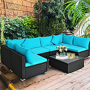 HAPPYGRILL 7-Pieces Patio Furniture Set Outdoor Rattan Wicker Sectional Sofa Set with Cushions & Pillows & Coffee Table for Garden Lawn