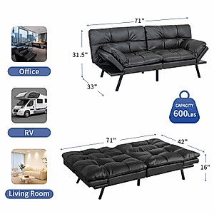 MUUEGM Futon Sofa Bed,Convertible Adjustable Backrest Armrests Memory Foam Couch Bed, Modern Faux Leather Futon Sleeper Couch Loveseat for Living Room,office,Apartment,Small Space,Matte Black