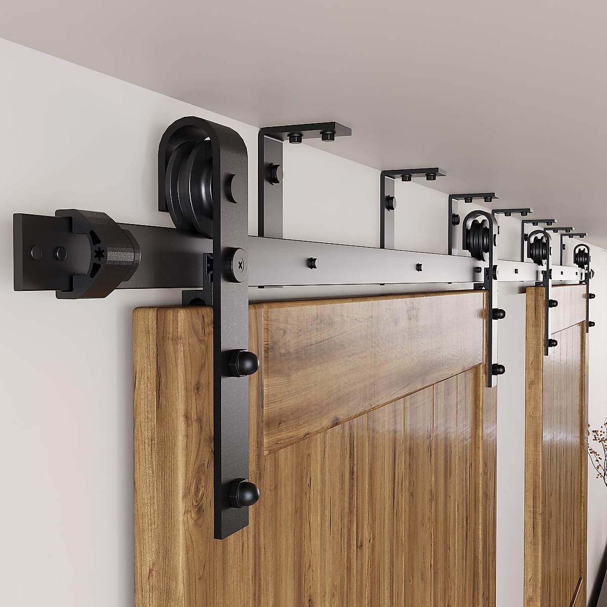Homacer Black Rustic Ceiling Mount Non-Bypass Sliding Barn Door Hardware Kit, for Two/Double Doors, 8ft Long Flat Track, Interior Use Only (Doors are not Included)