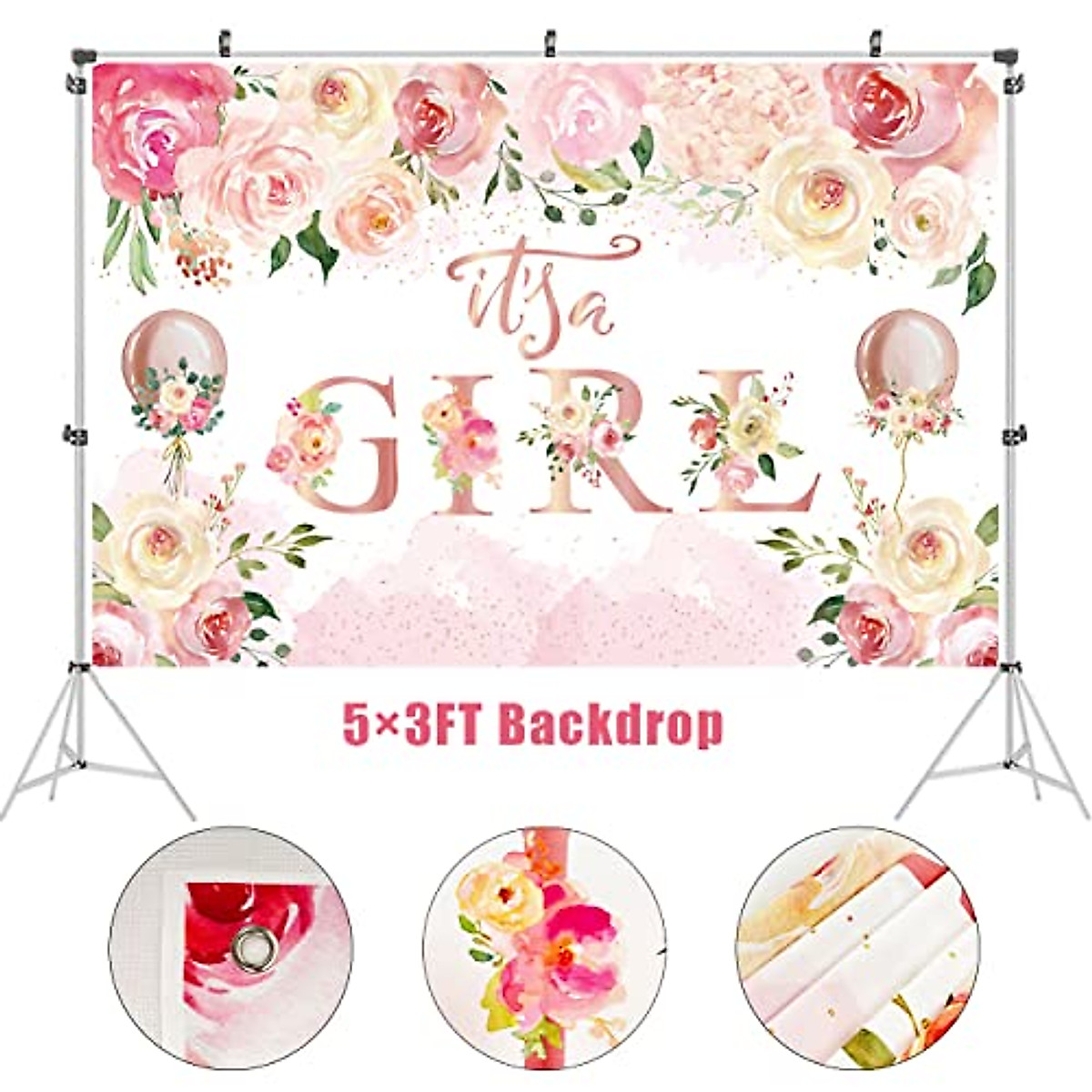 Baby Shower Decorations for Girl,Floral Theme Girl Baby Shower Balloons,It Is A Girl Backdrop Sign for Pink Baby Shower Party Supplies