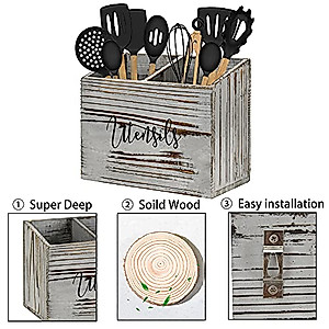 LADESIGGN Wood Utensil Holder for Countertop, Farmhouse Kitchen Decor for Flatware, Utensil Caddy with 2 Compartments, Rustic Utensil Organizer for Kitchen