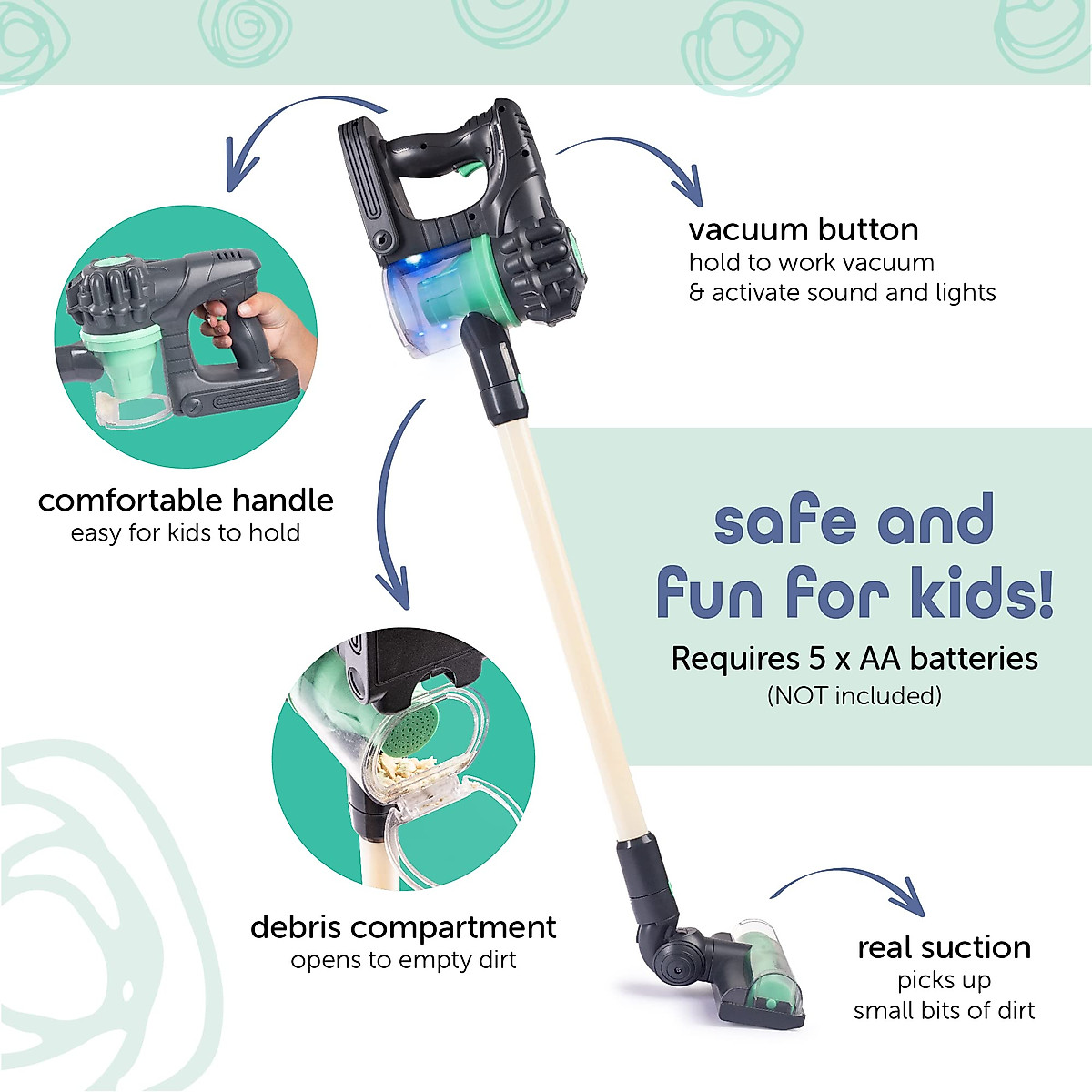 Kids Vacuum, Toy Vacuum Cleaner for Toddler with Lights & Sounds, Cord-Free Pretend Play Housekeeping Vacuum Toys with Working Suction, Great Gifts for Toddlers, Boys and Girls, Ages 3+