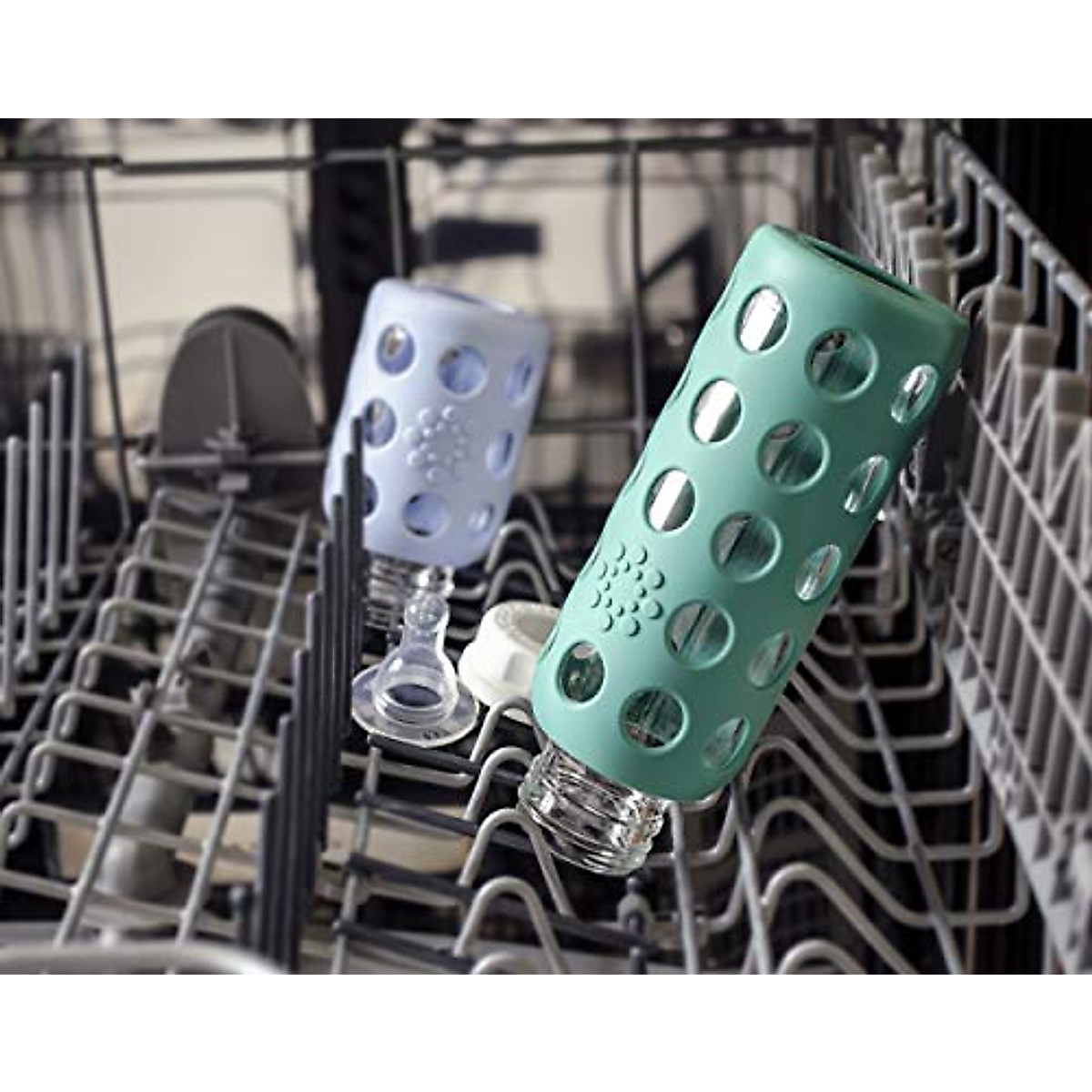 Lifefactory 6 Bottle Starter Set (4) 4-Ounce Baby Bottle in Mint/Blanket (2) 9-Ounce Baby Bottle in Kale/Blueberry (2) Flat Caps (2) Sippy Caps (2) Stage 2 Nipples, Mint/Blanket/Kale/Blueberry/White