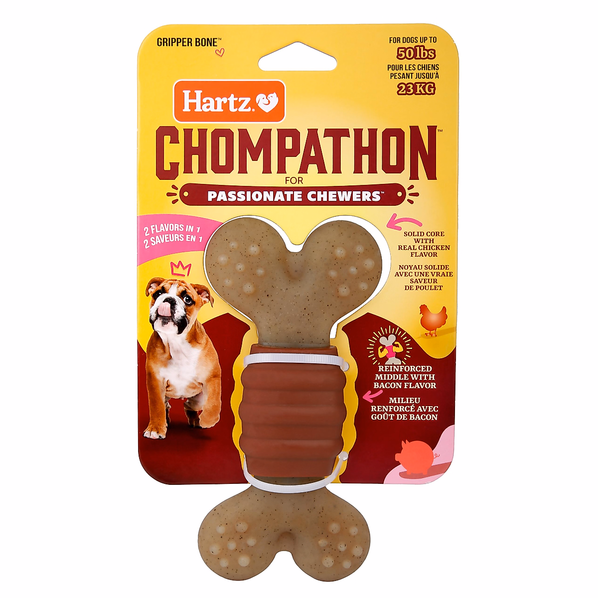 Hartz New Chompathon Gripper Bone Dog Chew Toy for Aggressive Chewers, Double Layered Flavored with Chicken & Bacon