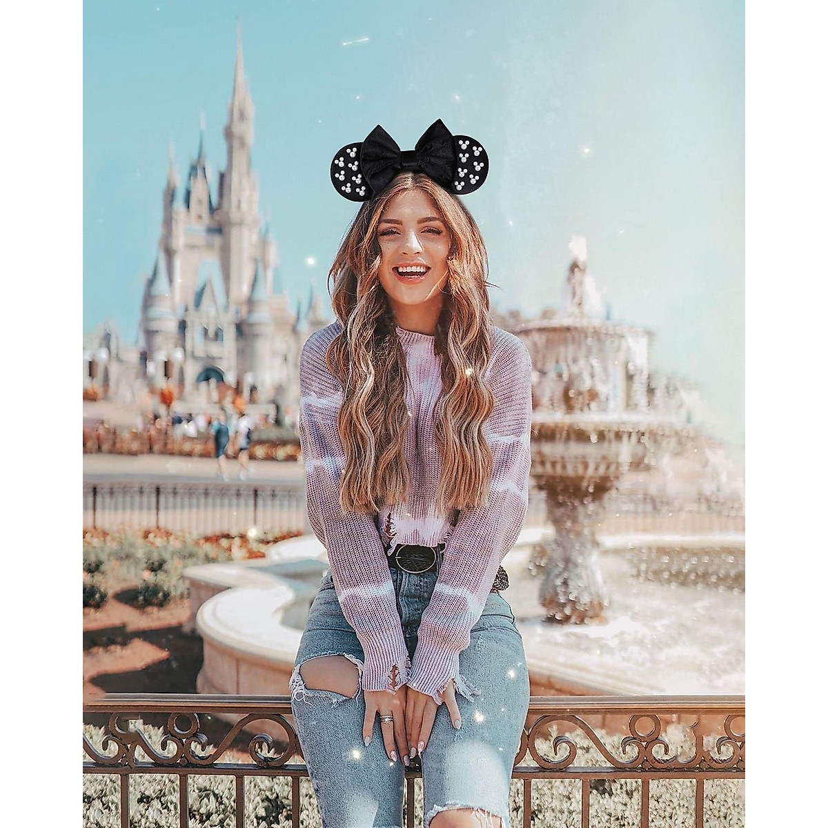 WOVOWOVO Mouse Ears Headbands for Women Girls Black Bow Pearl Hairbands Velvet Headband Christmas Cosplay Costume Princess Party Decorations