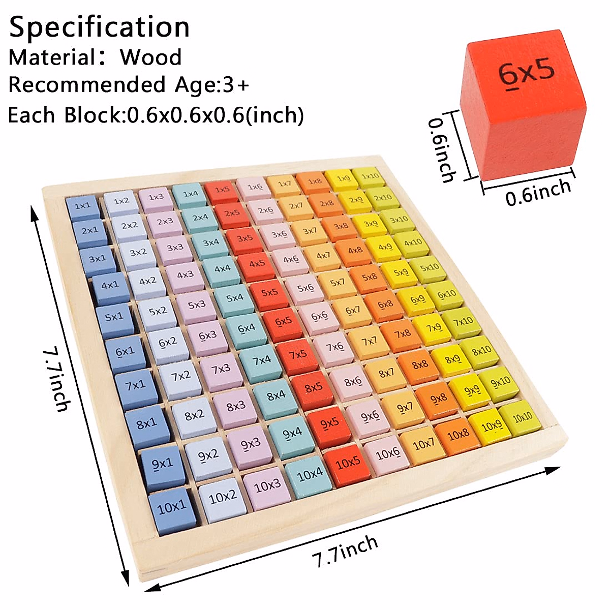 Umbresen Wooden Multiplication Board Game, 100 Cubes Blocks Montessori 10x10 Times Table Tray with Answers Preschool Learning Toys Gift for Children Kids (Multiplication Board)