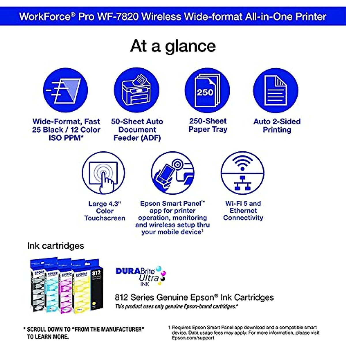 Epson Workforce Pro WF-7820 Color Inkjet Wireless All-in-One Printer - Print Scan Copy Fax - 4.3" Touchscreen Display, 4800 x 2400 dpi, 13"x19", 50-Sheet ADF, 25 ppm, Auto 2-Sided Printing