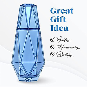 Modern Geometric Bedside Carafe | 2-Piece Set - Bedside Water Carafe | Glass Carafe with Cup that Doubles as Lid | Bedside Water Carafe and Glass Set in Blue (37oz)