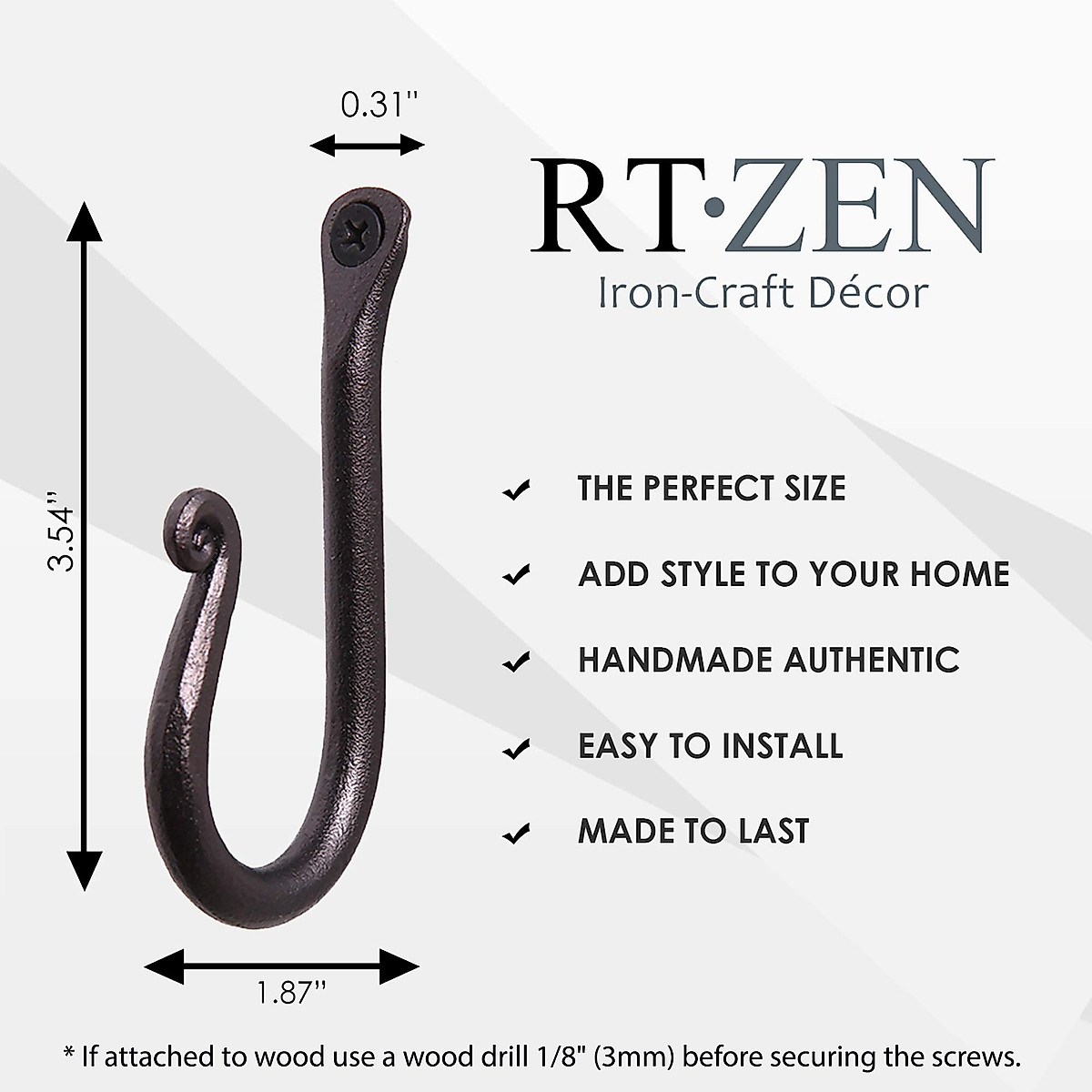 RTZEN Wall Mount J Hook - Wrought Iron Decorative Wall Hooks for Hanging Things - Handcrafted Classic Wall Mounted Black Coat Hooks - Farmhouse Towel Hooks Robe Hooks or Hat Hooks - 3 Pack