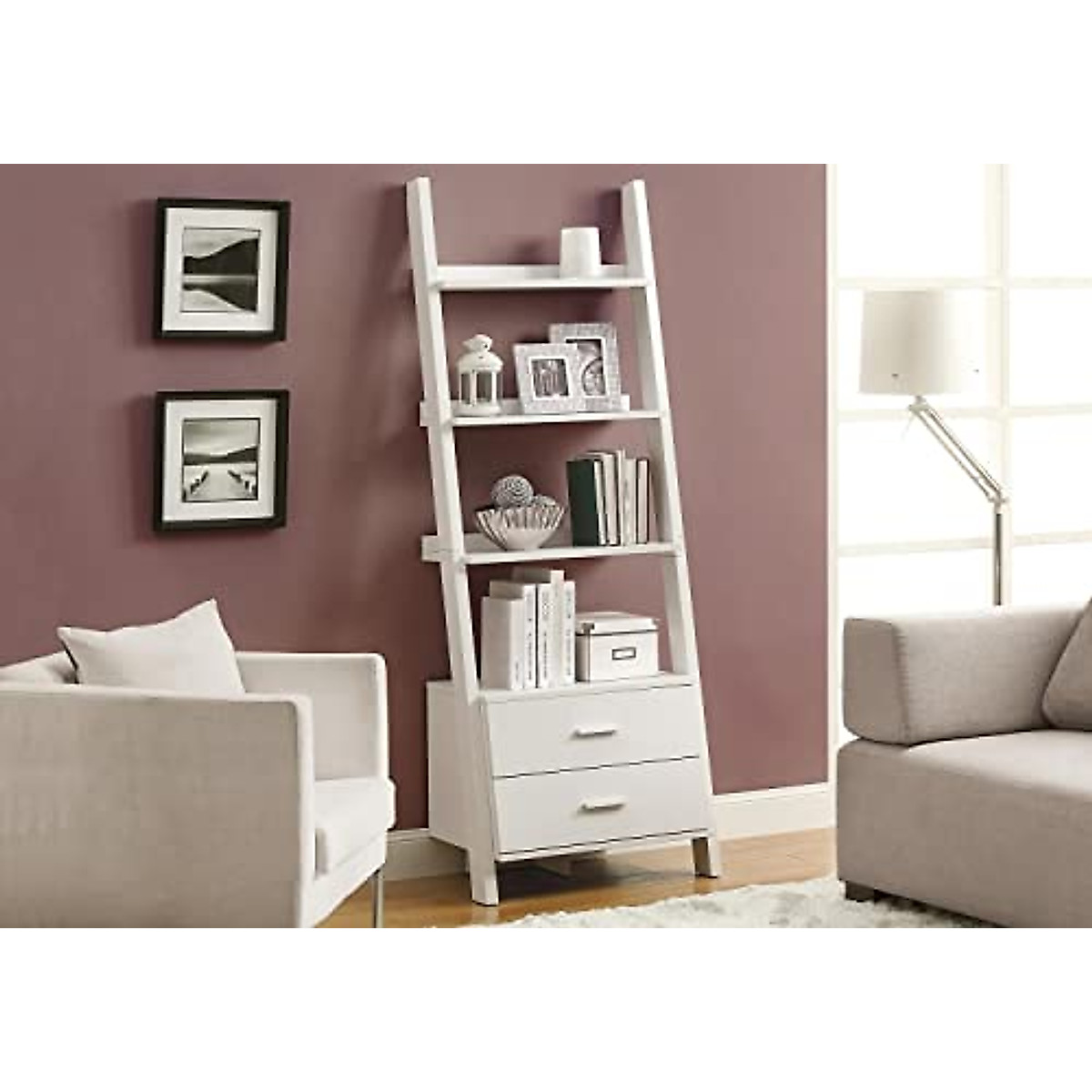 Monarch Specialties , Bookcase, Ladder with 2-Storage Drawers, White, 69"H