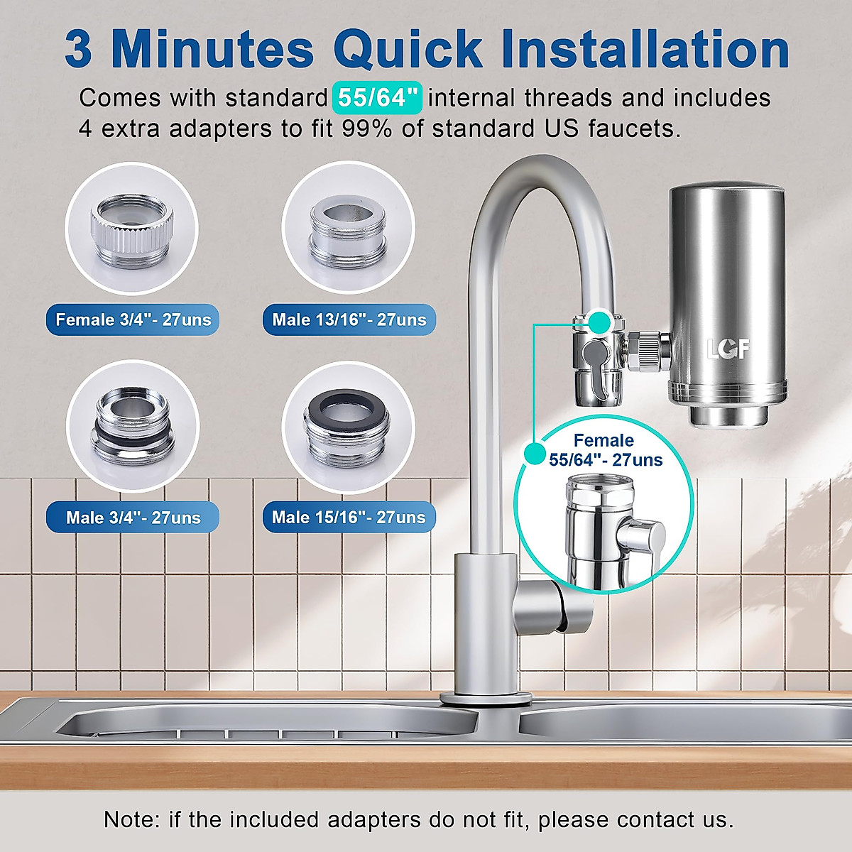 LCF 360° Rotating Stainless-Steel Faucet Water Filter - High Flow, Mineral-Enhanced Tap Water Filter, Reduces Chlorine, Heavy Metals and Bad Taste, Easy Install, 320 Gallons, Kitchen Sink Ideal