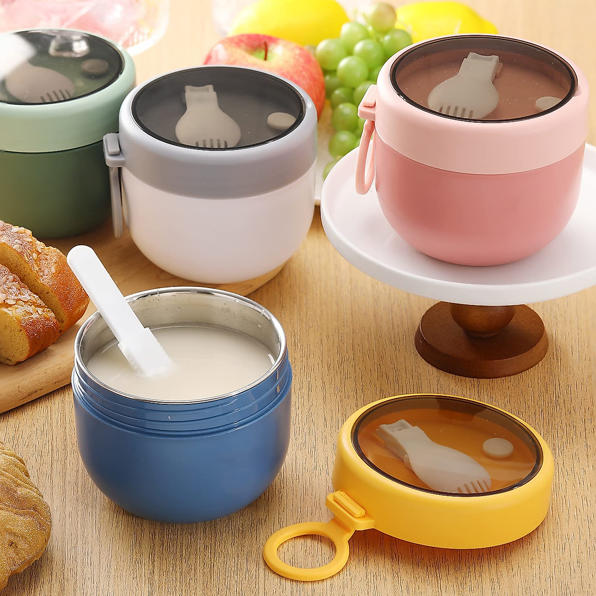 Sunnyray 21 oz Seal Tight Overnight Oats Container with Lid and Spoon Stainless Steel Overnight Oats Jars Reusable Leak Spill Proof Oatmeal Travel Container for Cereal Milk Vegetable Salad (4 Pcs)