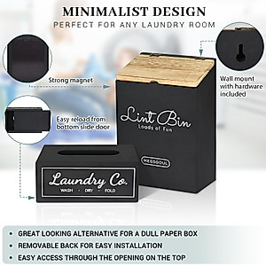 Megsooul Magnetic Lint Bin and Dryer Sheet Holder Set for Laundry Room, Farmhouse Wooden Lint Trash Can with Lid and Dryer Sheet Dispenser Box Magnetic for Mounting,Stylish Laundry Room Organization