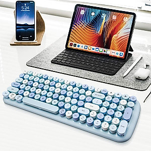 MOFII Bluetooth Wireless Keyboard for iPad, Laptop, PC, Mac, Smartphone, Connect 3 Bluetooth Devices, Cute Colorful Round Keys Retro Aesthetic Keyboard - Blue