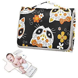 Cat Sugar Skulls Flowers Portable Changing Pad for Unisex Baby Toddler Waterproof Foldable Baby Changing Mat with Pillow & Shoulder Strap Baby Diaper Clutch for Gift Home Dresser Traveling Hiking