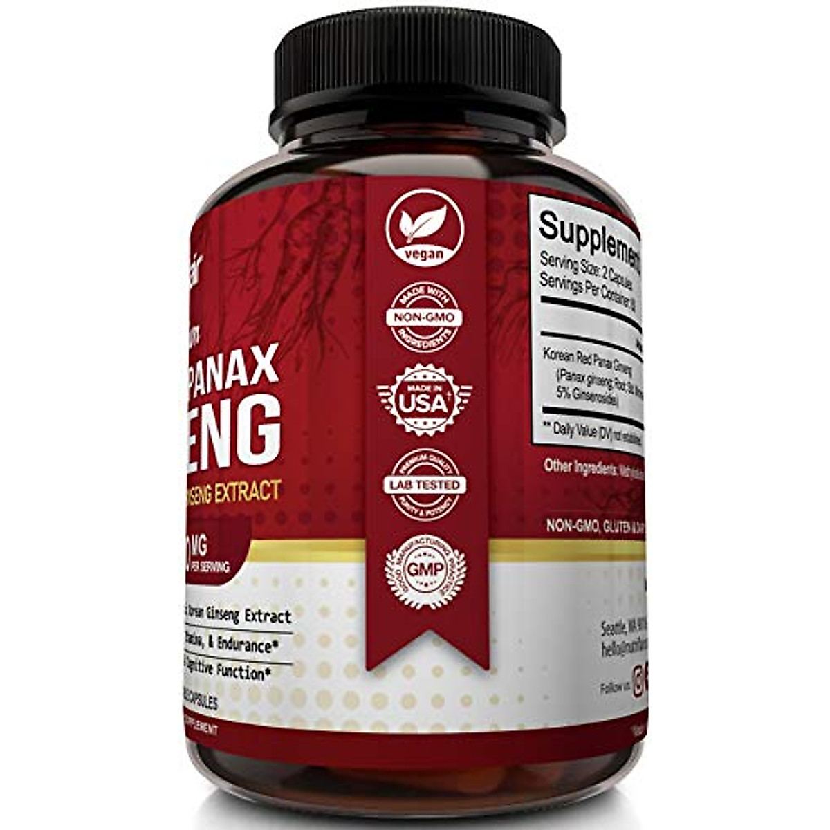 NutriFlair Korean Red Panax Ginseng 1600mg, 120 Vegan Capsules - High Potency Ginseng Root 5% Ginsenosides Extract Powder Supplement - Energy, Focus, Vigor, Performance Pills for Women & Men, Non-GMO