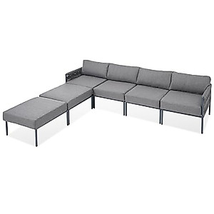 LOUHME 6-Pieces Aluminum Patio Furniture Set, Modern Metal Outdoor Conversation Set Sectional Sofa Set with Removable Olefin Extra Thick Cushions for Outdoor Space, Gray