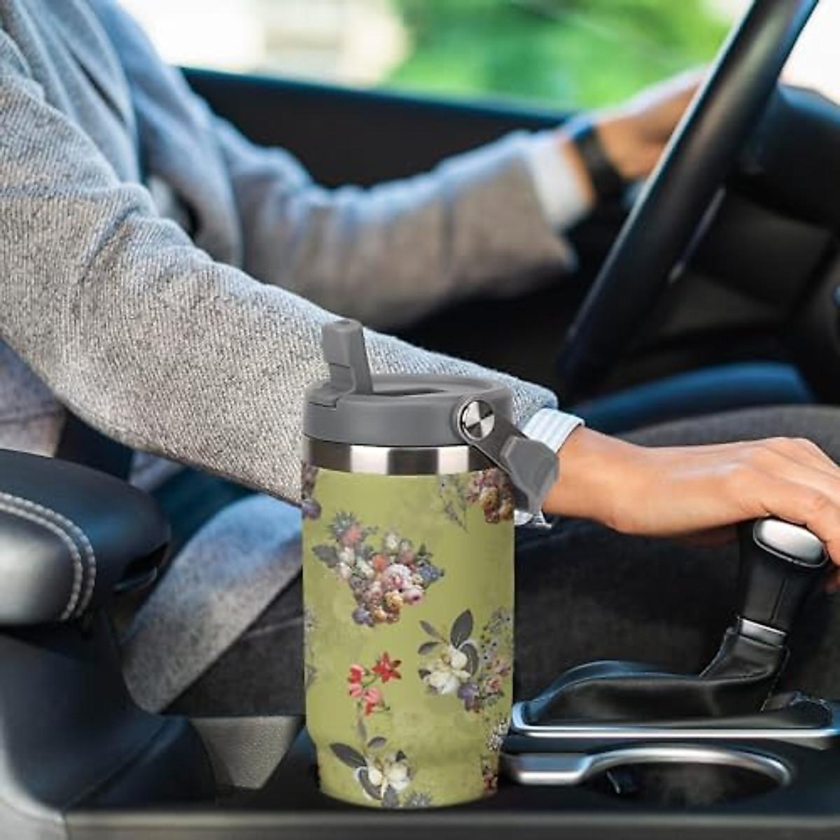 GemGam Stainless Steel Tumbler with Lid And Straw 30 Oz Top Handle Vintage Summer Flower Green Leakproof Vacuum Insulated Water Bottle for Car Travel Tropical