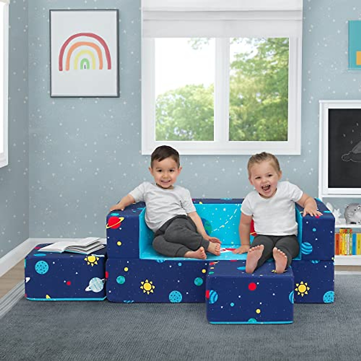 Delta Children Convertible Sofa & Play Set for Kids and Toddlers – Modular Foam Couch and Flip Out Lounger with 2 Ottomans, Space