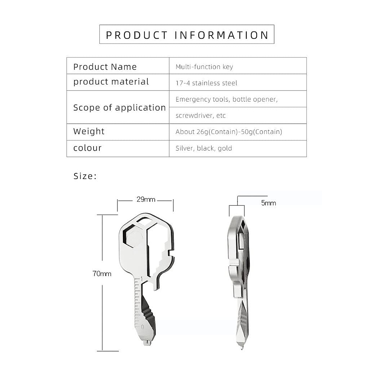 Generic, 24- in-1 Key Shaped Pocket Tool, multitool key with key chain, Outdoor keychain tool for Drill Drive, Screwdriver, file, Wrench, Ruler, Bottle Opener,Wrench, Stripping, etc（Gold）