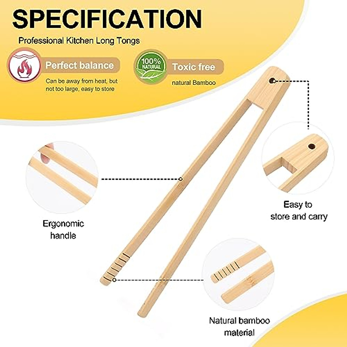 iHaumxs 4 Pcs Bamboo Tongs Set: Wooden Tongs for Cooking, 11.8in Kitchen Long Tongs & 9.8in Toaster Tongs, Bamboo Tongs for Kitchen Salad, Bacon, Pickles,Pasta,Grilling,Toast, Bread, Fruits.NO BPA