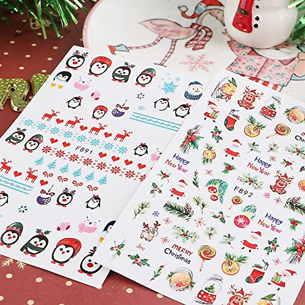 10 Sheets Christmas Nail Art Stickers Decals Self-Adhesive Pegatinas Uñas Navidad Snowflake Santa Claus Reindeer Snowman Nail Supplies Holiday Nail Art Design Decoration Accessories
