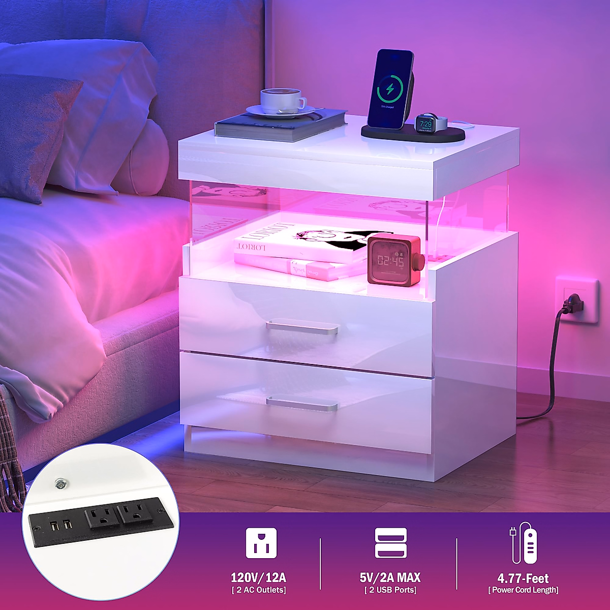 DMIDYLL High Glossy LED Nightstand, White Night Stand with Charging Station and LED Lights, Wood Night Stand with Drawers & Open Shelf, Smart Nightstand for Bedroom