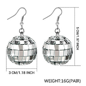 Hicarer Disco Mirror Ball Earrings 60's or 70's Dance Party Silver Costume Accessories for Women and Girls 2024 New Year Party(5 Pairs)