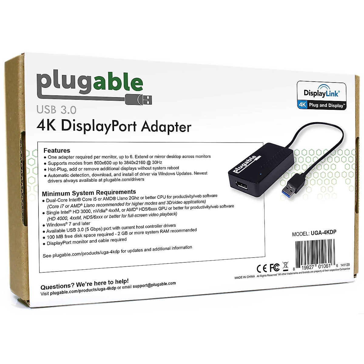 Plugable USB 3.0 to DisplayPort 4K DisplayLink Video Graphics Adapter for Multiple Monitors up to 3840x2160 Supports Windows, Mac, and ChromeOS
