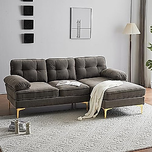 BIADNBZ 83" Velvet Sectional Sofa with Right Chaise, Modern L-Shaped Couch with Armrest for Living Room Bedroom Corner, Brown