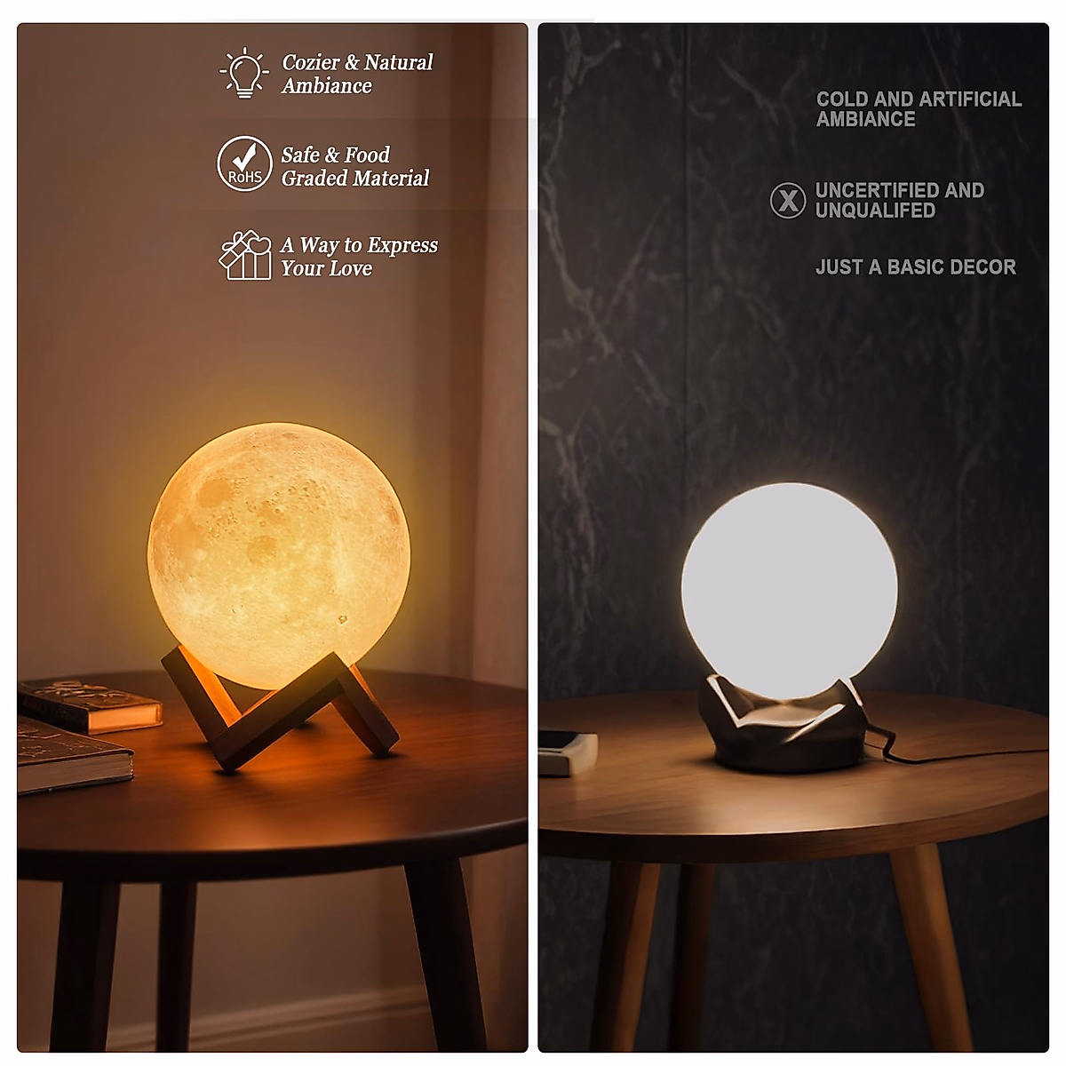 Mydethun 3D Moon Lamp with 5.9 Inch Wooden Base - Christmas Day Gift, LED Night Light, Mood Lighting with Touch Control Brightness for Home Décor, Bedroom, Women Kids Moonlight - White & Yellow