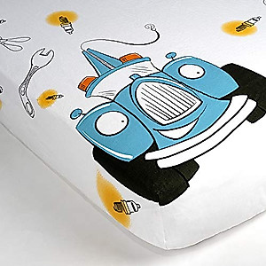 JumpOff Jo - Fitted Crib Sheet, Super Soft 100% Cotton Sheet for Standard Crib Mattresses and Toddler Beds, 28 in. x 52 in, Storytelling Designs - Jo's Garage (White)