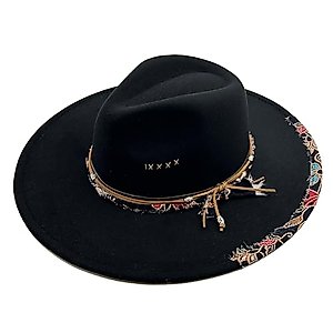 Wotfim Big Wide Brim Fedora Hat for Women Man Felt Panama Hat with Band Western Outdoor hat-Black