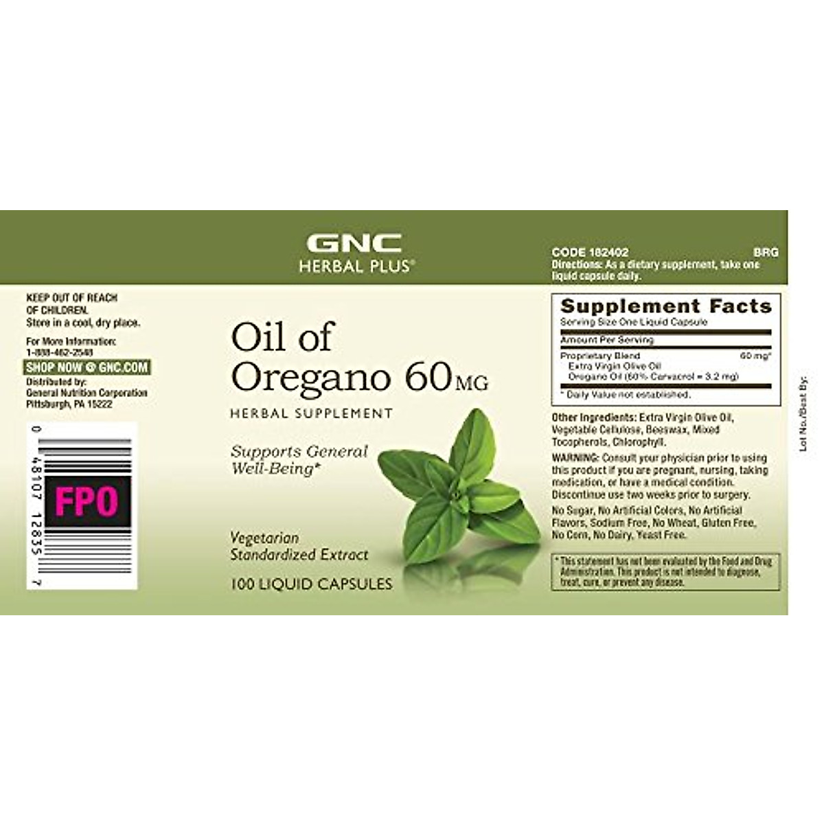 GNC Herbal Plus Oil of Oregano 60mg | Supports General Well-Being | 100 Capsules