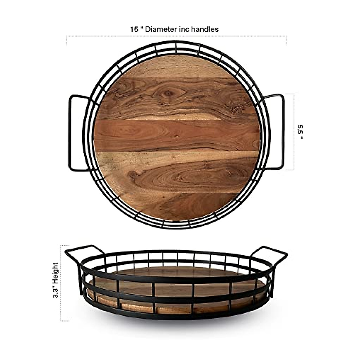 Farmhouse Round Wooden Tray with Black Metal Frame & Acacia Wood Base with Handles. This Round Tray is an Ideal Decorative Tray, Coffee Table, Drinks or Serving Tray by Cube Home