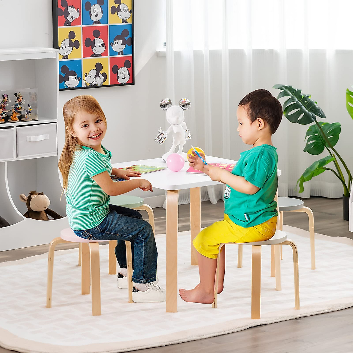 INFANS Kids Wooden Table and Stool Set, 5-Piece Activity Table with 4 Stools for Toddler Building Block Drawing Reading Art Crafts, Children Natural Furniture Set for Kindergarten Classroom