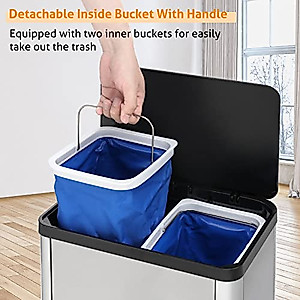 WICHEMI 30L Dual Trash Can, 2 x 4 Gal (2 x 15L) Stainless Steel Kitchen Garbage Can, Step-on Classified Recycle Garbage Bin with Soft-Close Lid & Removable Inner Buckets, Fingerprint-Proof, Airtight