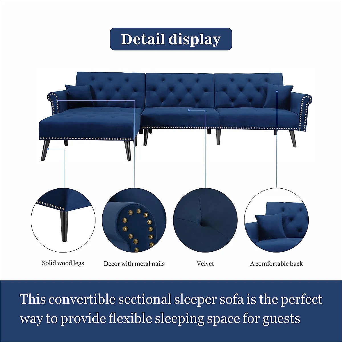 POCIYIHOME Sectional Sofa Right Hand Facing Velvet Button Tufted, L Shape Chaise with Nail Head Detail, Conical Wood Leg, 2 Pillows, Modern & Elegant, Home Furniture for Living Room,Office, Navy Blue
