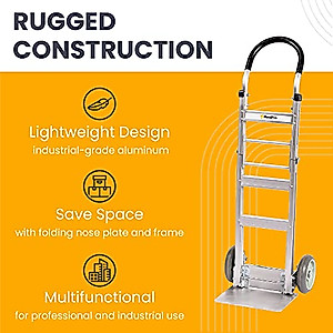 HaulPro Fully Assembled Foldable Hand Truck with 8" Mold-On Rubber Wheels – Horizontal Loop Handle. 500 Lb. Capacity Dolly for Travel, Moving and Office Use | 14 X 7.5 Extruded Aluminum Nose Plate