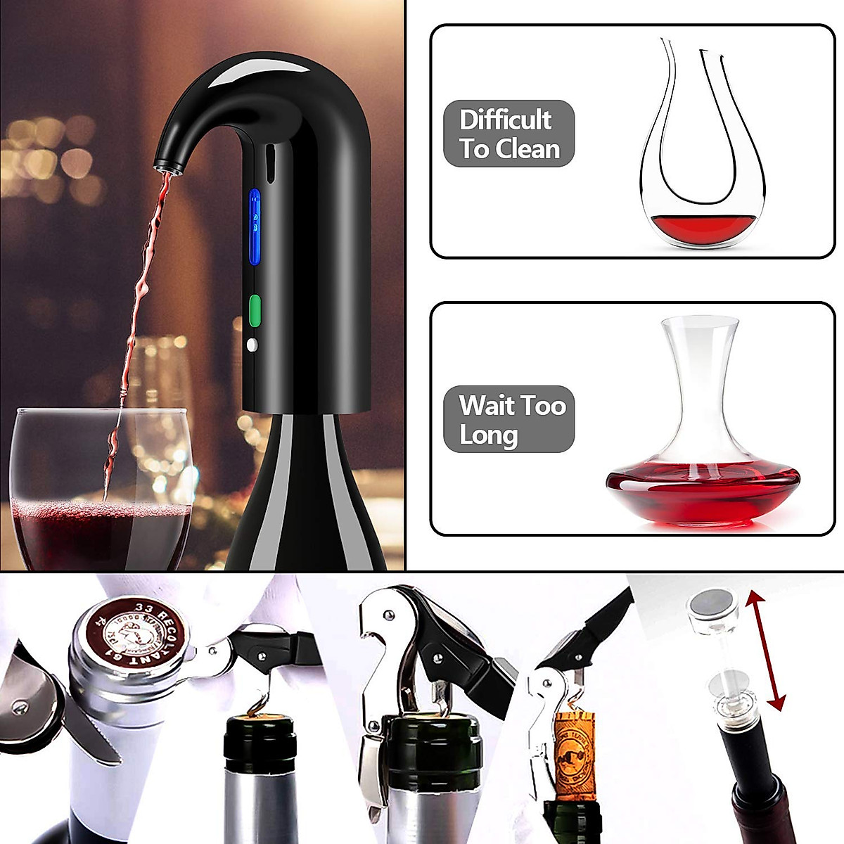 Electric Wine Aerator Gifts Electric Wine Pourer and Wine Dispenser Pump, Multi-Smart Automatic Filter Wine Dispenser with USB Rechargeable for Mother's Day Gifts, Travel, Home and Bar