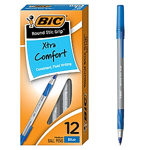 BIC Round Stic Grip Xtra Comfort Ballpoint Pen, Medium Point (1.2mm), Blue, 12-Count