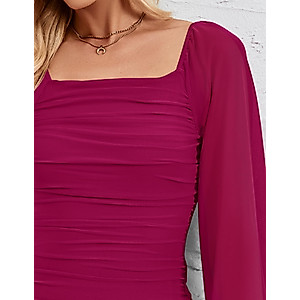 ZESICA Women's Sexy Ruched Bodycon Midi Dress Long Puff Sleeve Square Neck Backless Cocktail Party Wedding Dresses,Plum,Small