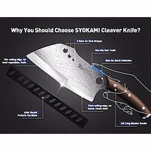 Multifunction Chinese Chef Knife, 7.7 Inch Meat Cleaver With Herb Stripper And Sheath, Butcher Knife Heavy Duty Bone Chopper, Slicing Vegetables, Damascus Pattern Full Tang Wood Handle Design