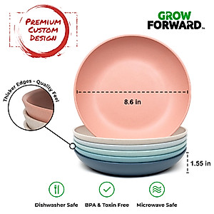 Grow Forward Premium Wheat Straw Pasta Bowls - 30oz Unbreakable Wide & Shallow Dinner Plate Bowls Set of 6 - Microwave Safe Reusable Plastic Pasta Bowls for Kids, Adults, Salad, Camping, RV - Tropical