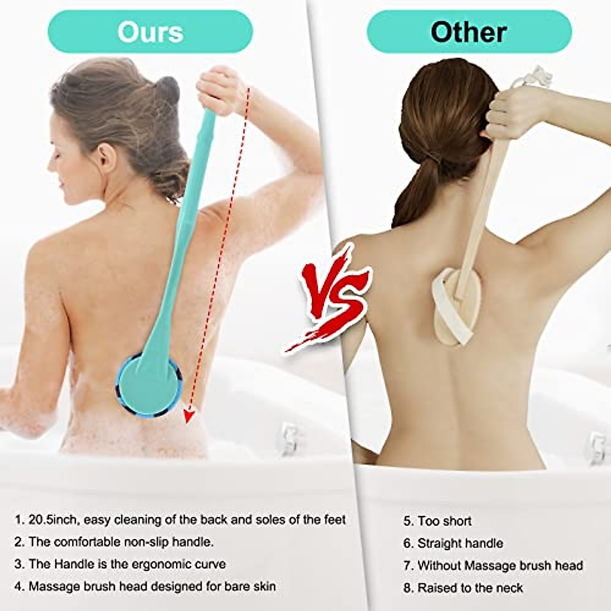 Back Brush Long Handle for Shower, 20.5” Bath Brush, Back Scrubber, Shower Body Brush with Curved Handle for Elderly Disabled, Limited Mobility, Frozen Shoulder,Men and Women