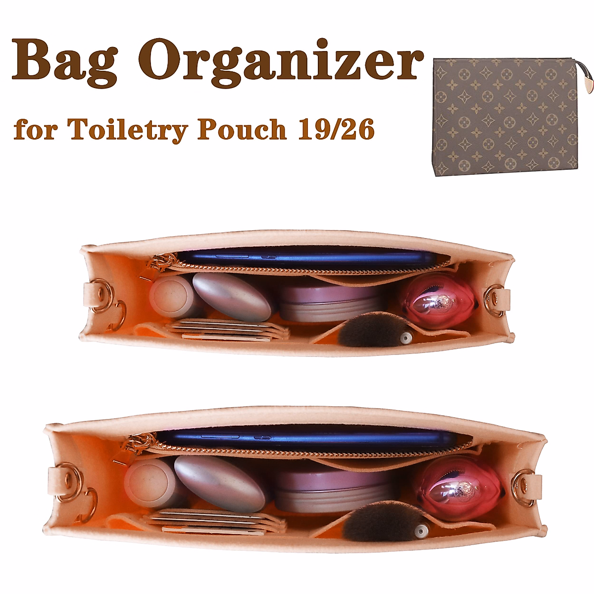 MISIXILE Felt Purse Insert Organizer with Zipper And Gold Buckles,Handbag Organiser Insert fits Toiletry Pouch 19 26(Pink-S)