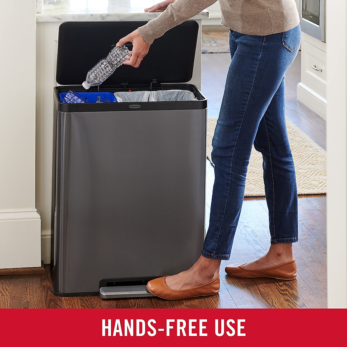 Rubbermaid Elite Stainless Steel Metal Dual Stream Step-On Trash Can for Home, Kitchen Waste and Recycling, 15.9 Gallon, Charcoal